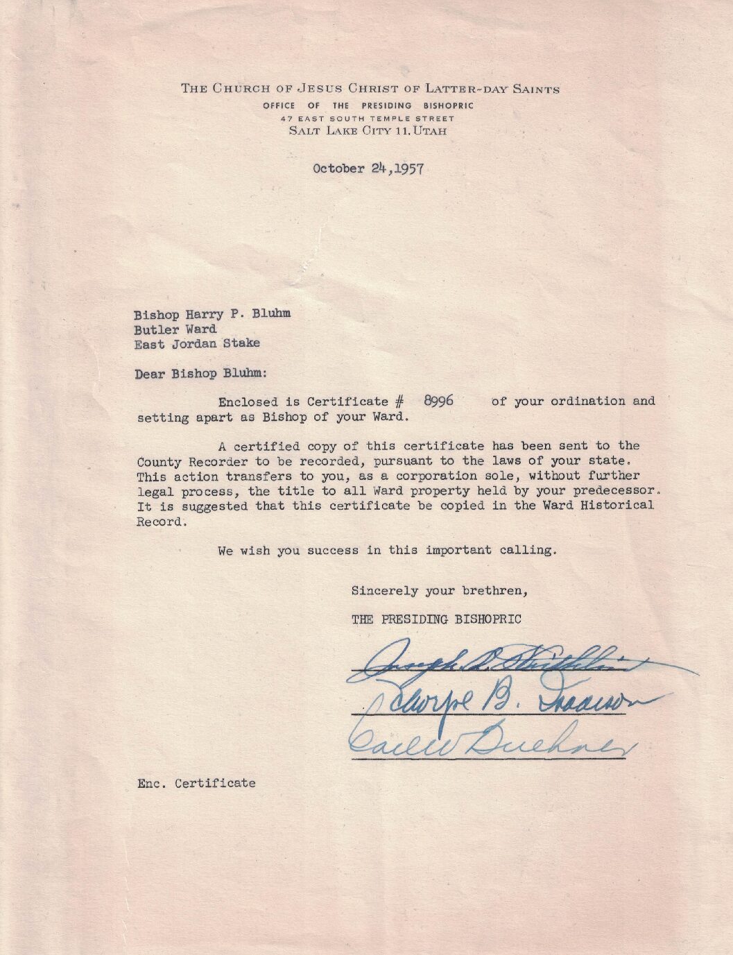 1957 - Letter Signed the the LDS Presiding Bishopric - Joseph B ...