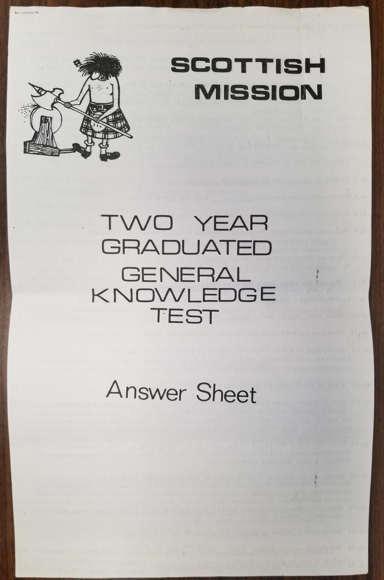 Two Year Graduated General Knowledge Test — Answer Sheet — Scottish ...