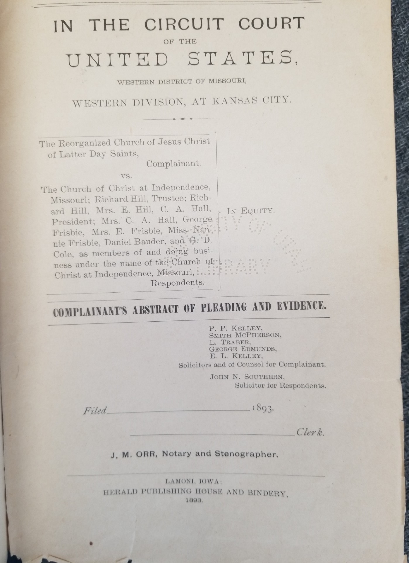 1893 — Abstract of Evidence — Temple Lot Suit — In the Circuit Court of ...