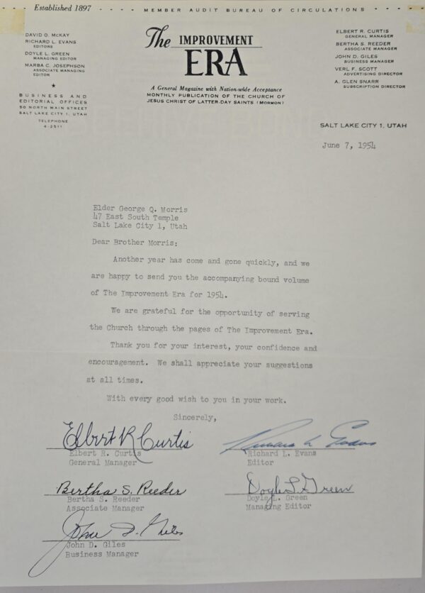 Letter to LDS Apostle George Q. Morris — Signed by Richard L. Evans ...
