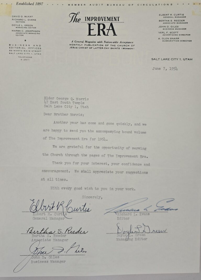 Letter to LDS Apostle George Q. Morris — Signed by Richard L. Evans ...