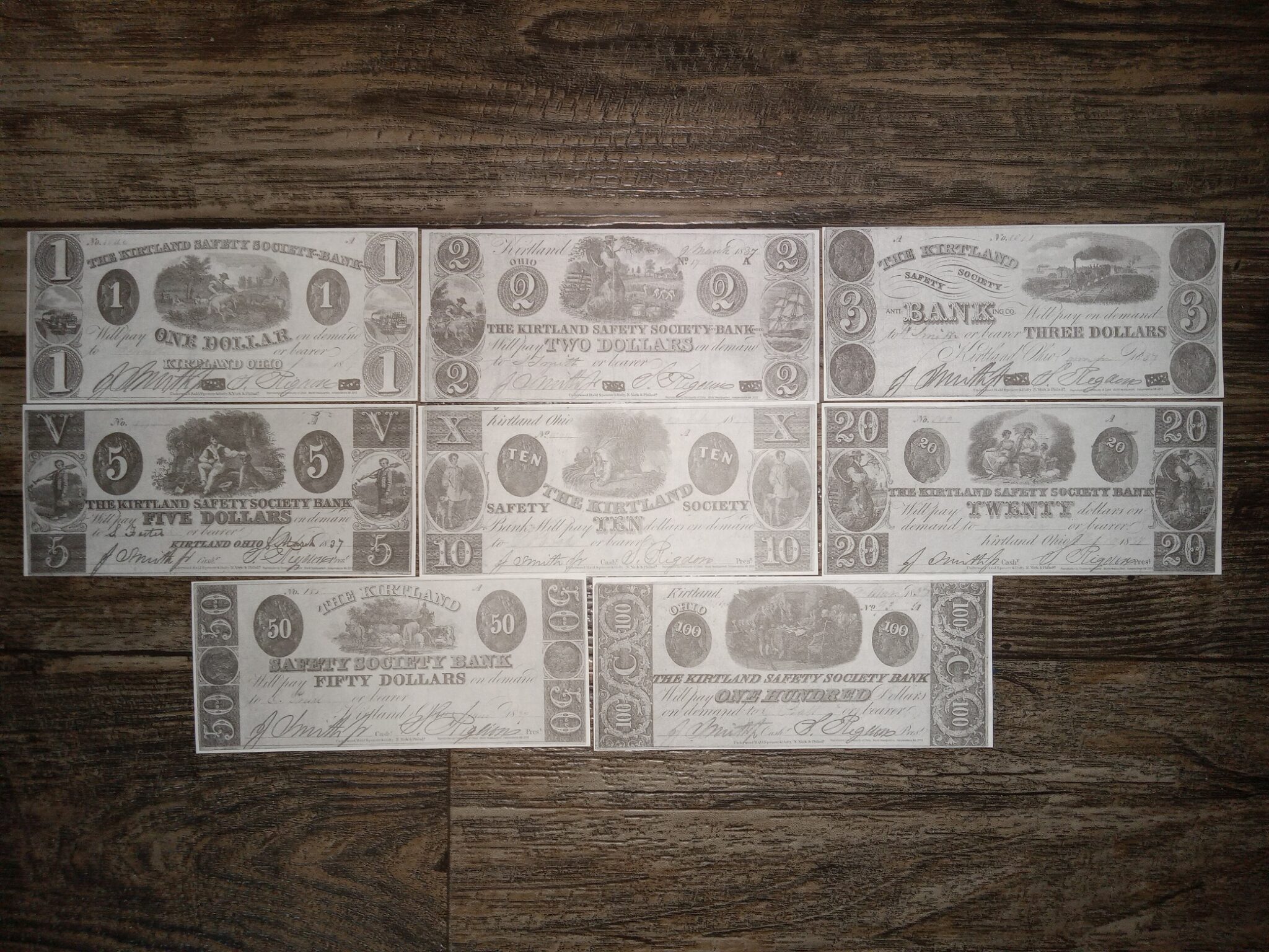 Photocopies of Kirtland Bank Notes for the Denominations of 1, 2, 3, 5 ...