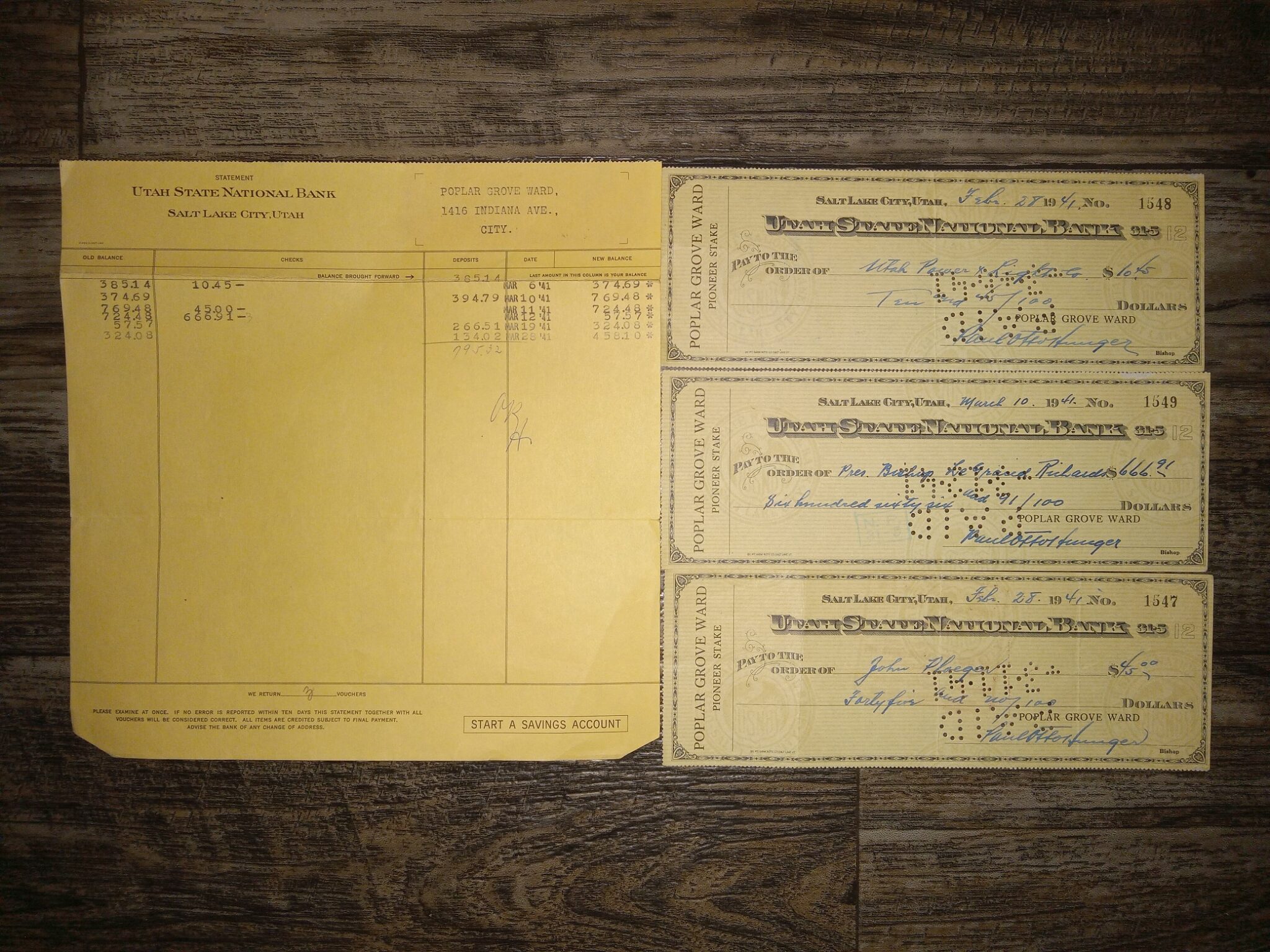 2 Old Checks and an Old Bank Statement from Utah State National Bank ...
